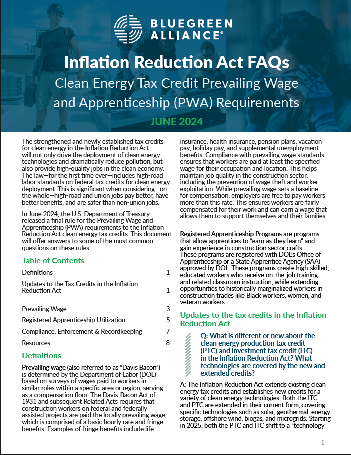 BlueGreen Alliance | Inflation Reduction Act FAQs: Clean Energy Tax Credit Prevailing Wage and ...