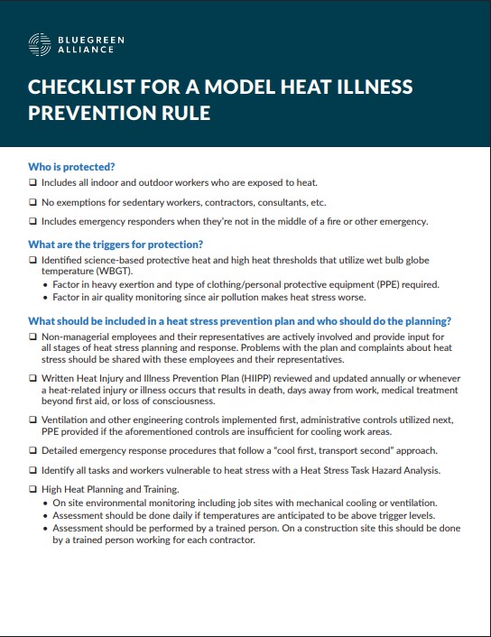 BlueGreen Alliance | Checklist For A Model Heat Illness Prevention Rule